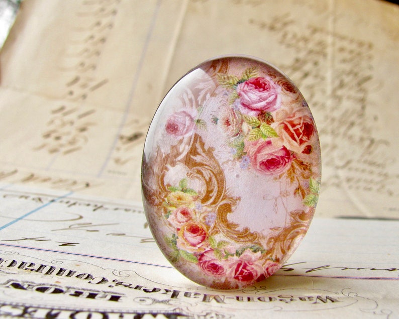 Pink Roses With Victorian Flourishes 25x18mm Glass Oval - Etsy