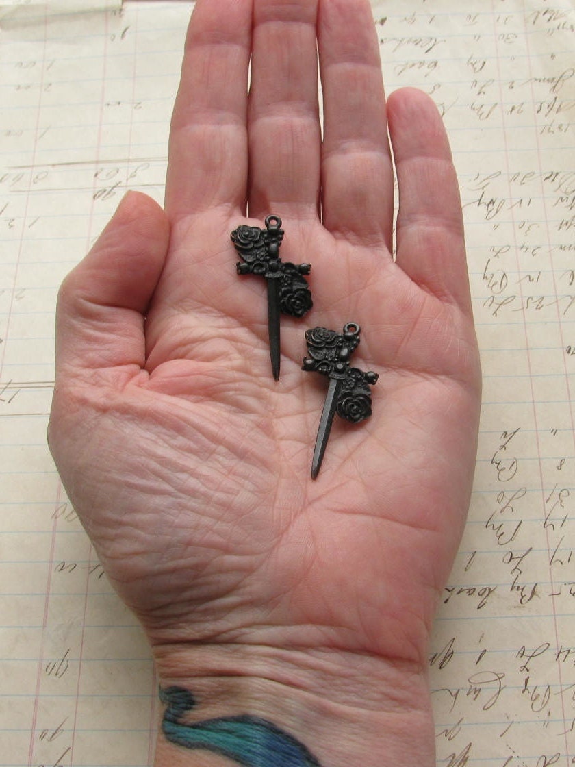 Rose Dagger (2) 40mm Rosary Black Gothic Cross Pendants, Antiqued Black ...