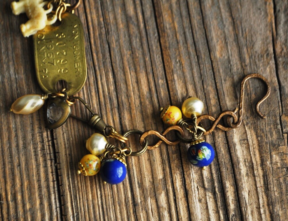 Vintage Cracker Jack Charm Dog Tag Charm Bracelet in Blue and Yellow ...
