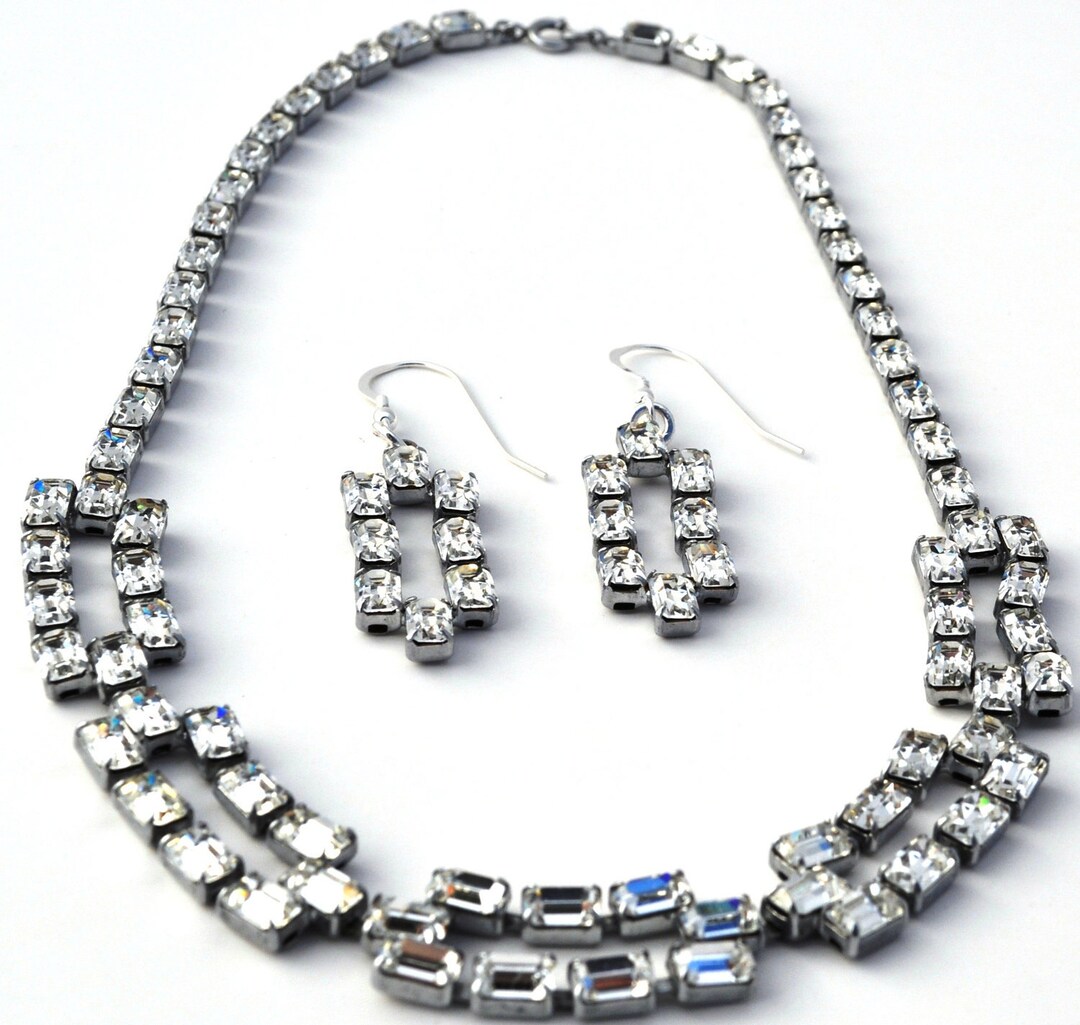 Vintage Geométrico Rhinestone collar pendiente Demi Parure Set - Etsy ...