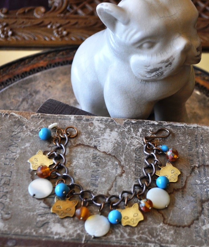 Vintage Cat's Meow Charm Bracelet in Blue and Butterscotch Vintage ...
