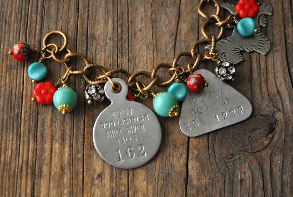 Vintage Scottie Westie Dog Tag Charm Bracelet in Silver, Red, Turquoise ...