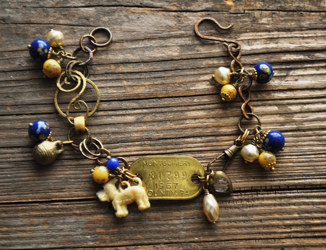 Vintage Cracker Jack Charm Dog Tag Charm Bracelet in Blue and Yellow ...
