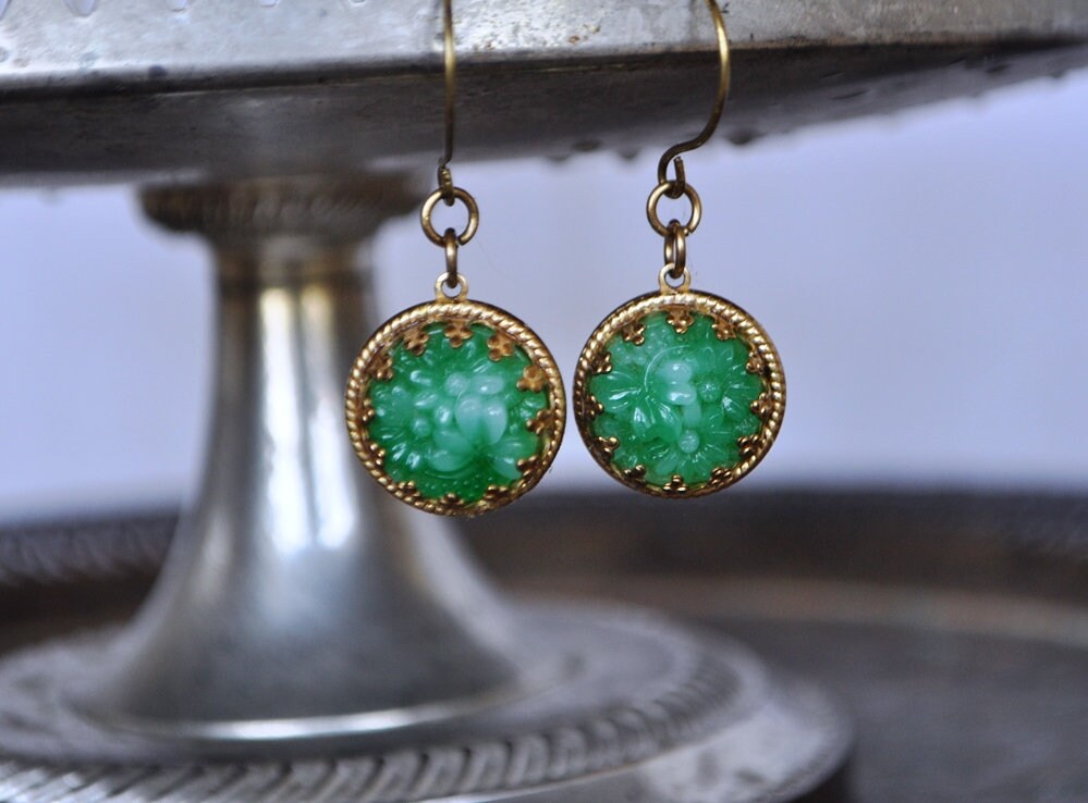 Vintage Jade Floral Pressed Glass Earrings - Etsy