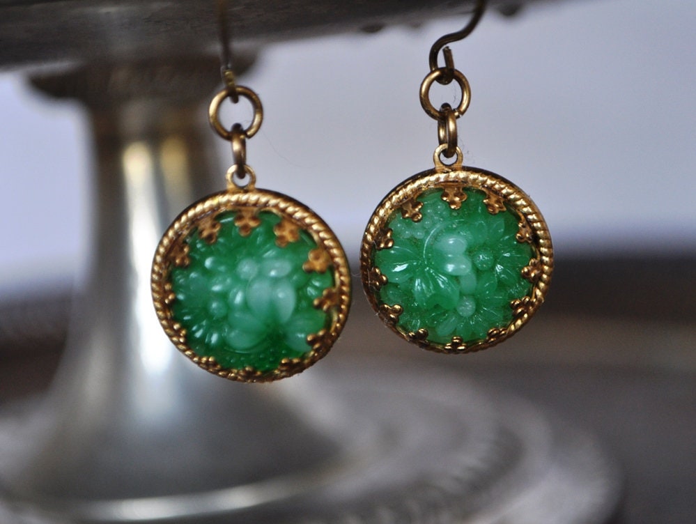 Vintage Jade Floral Pressed Glass Earrings - Etsy