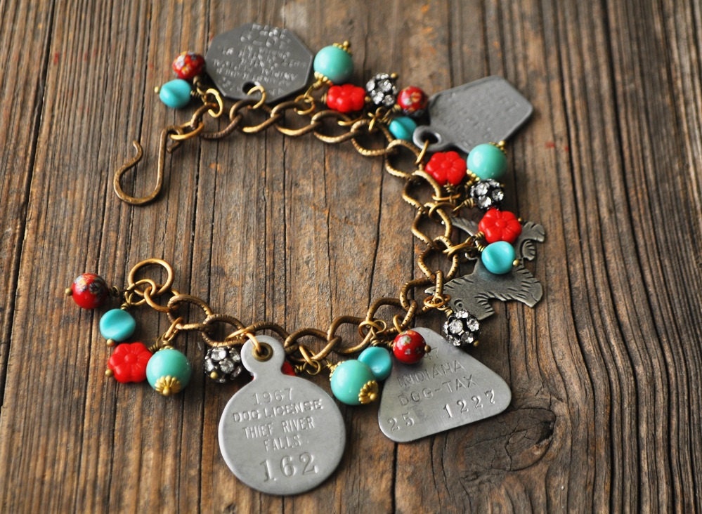 Vintage Scottie Westie Dog Tag Charm Bracelet in Silver, Red, Turquoise ...