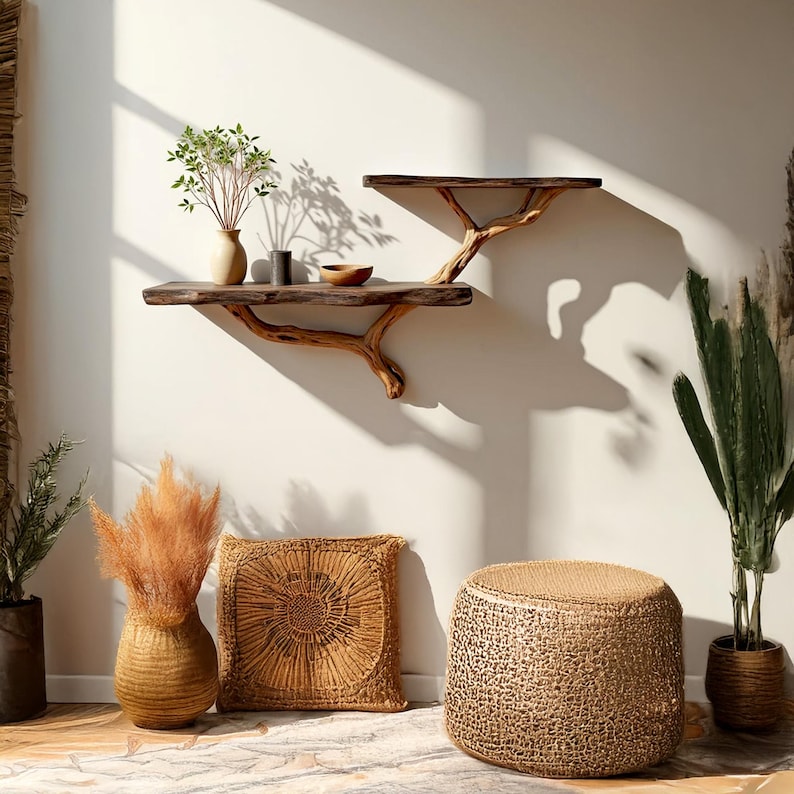 Driftwood Floating Shelf Tree Branch Wall Mount Solid Wood Bookshelf ...