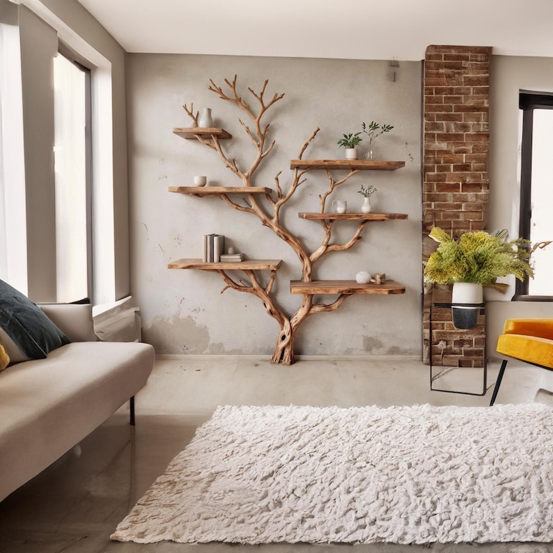 Tree Branch Bookshelves on Wall Natural Wood Bookcase Floor Bookshelf ...