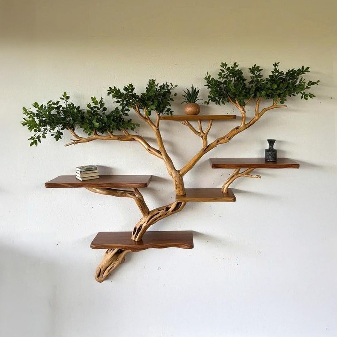 Tree Branch Bookshelf Floating Live Edge Shelf Fake Leaf Wall Mount ...