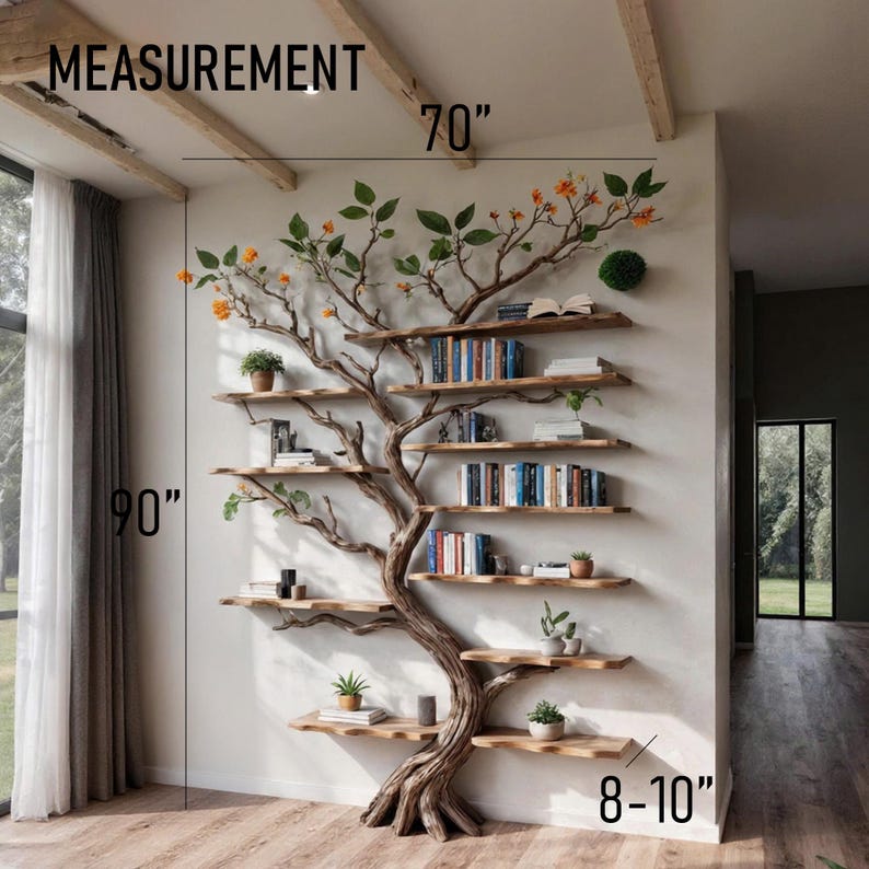 Tree Branch Book Shelf Floor Bookcase Solid Wood Driftwood Shelving ...