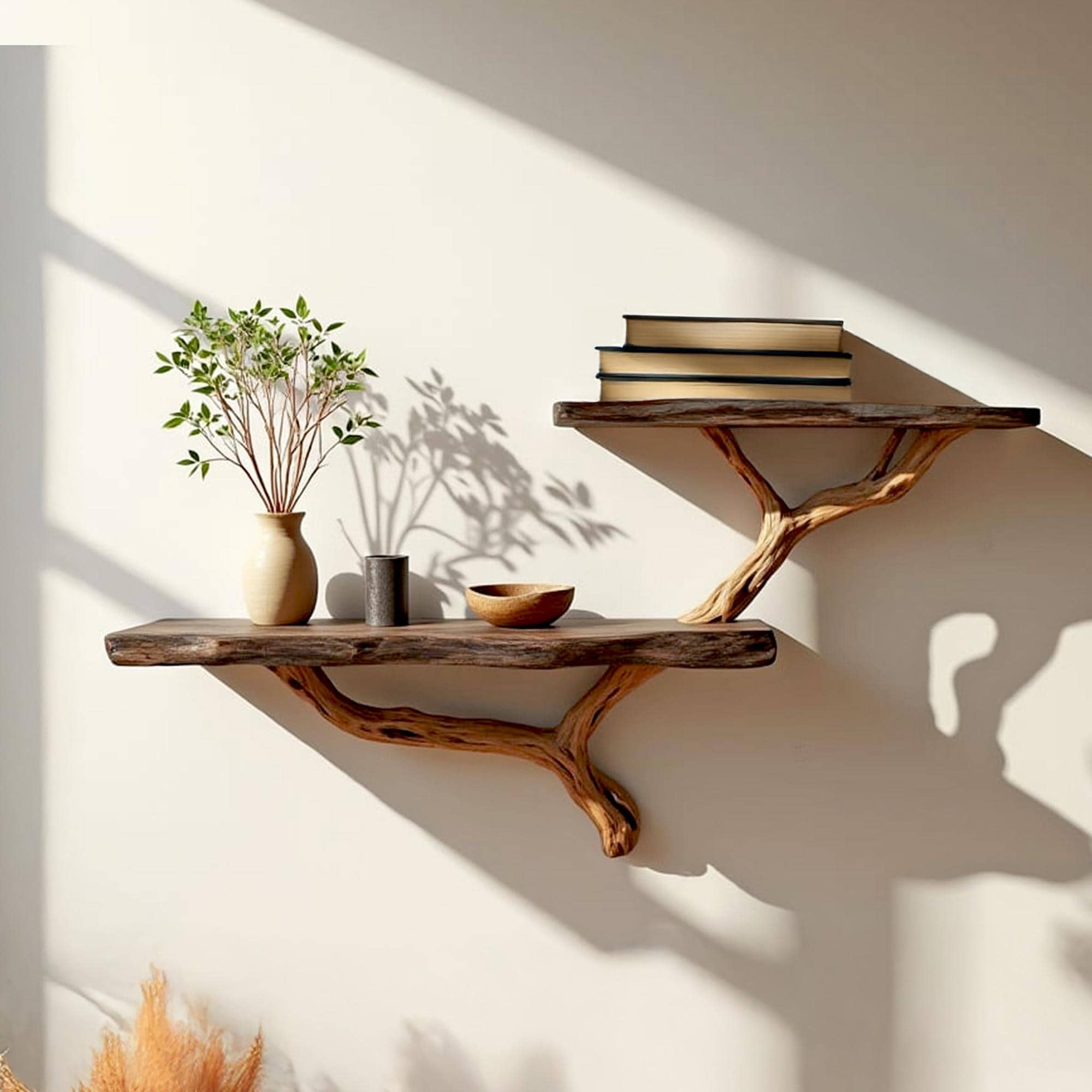 Driftwood Floating Shelf Tree Branch Wall Mount Solid Wood Bookshelf ...