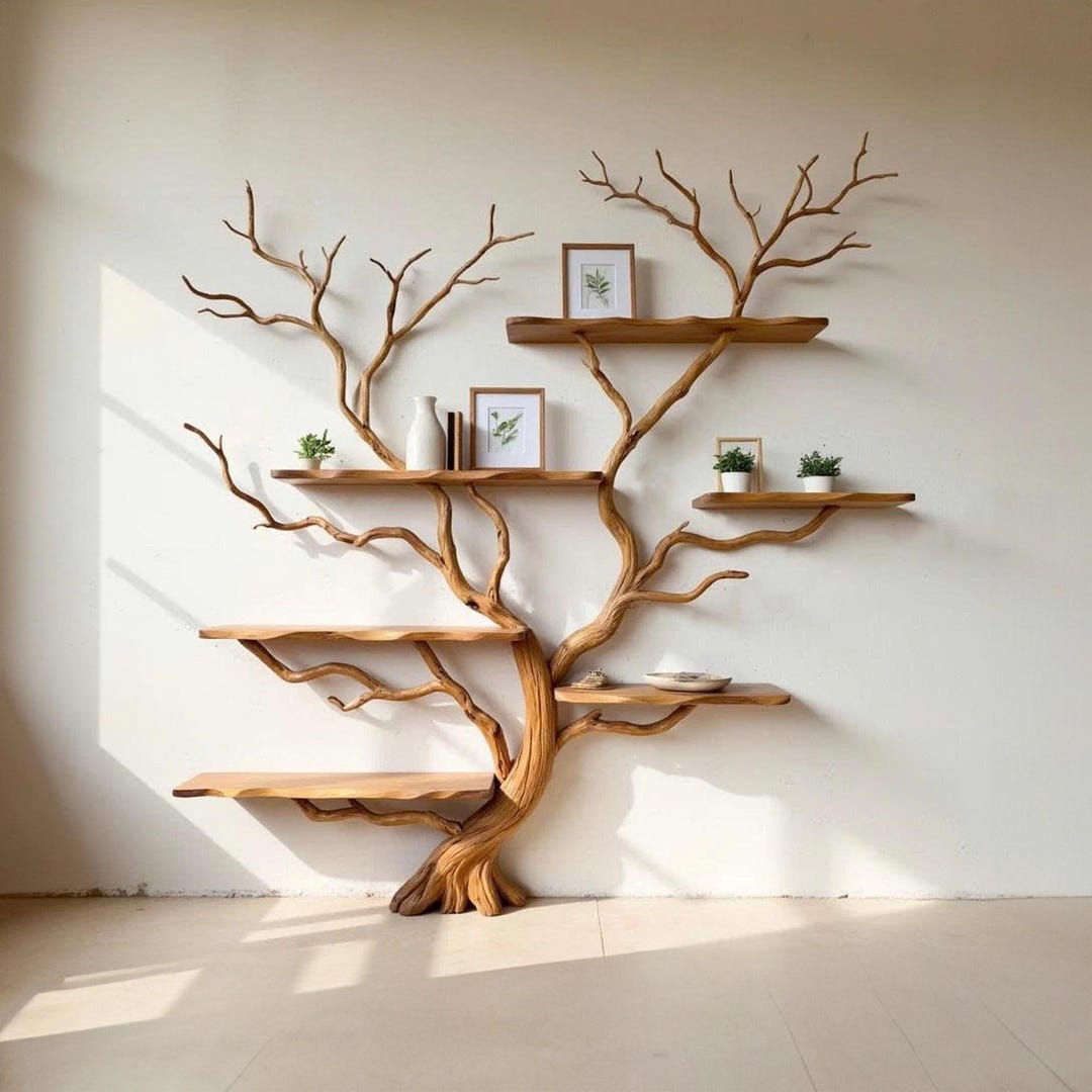 Driftwood Tree Branch Bookshelf: Rustic Wood Carving Wall Art - Etsy