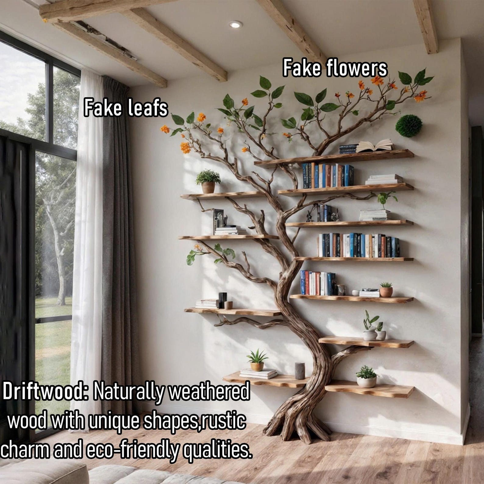 Tree Branch Book Shelf Floor Bookcase Solid Wood Driftwood Shelving ...