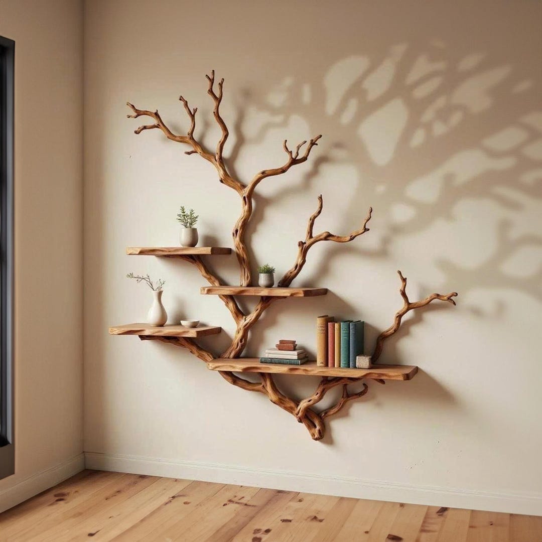 Tree Bookshelf Driftwood Branch Live Edge Floating Shelves on Wall ...