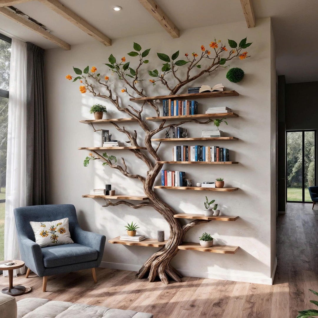Tree Branch Book Shelf Floor Bookcase Solid Wood Driftwood Shelving ...