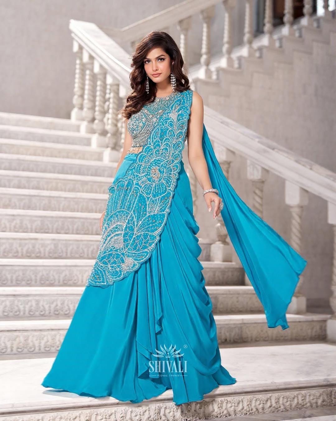 Aqua Blue Modern Saree Gown - Etsy