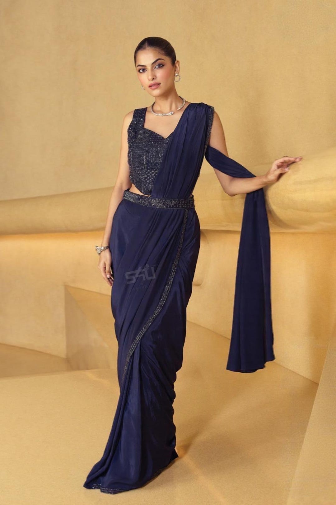 Navy Blue Drape Saree Set | Label S4U - Etsy