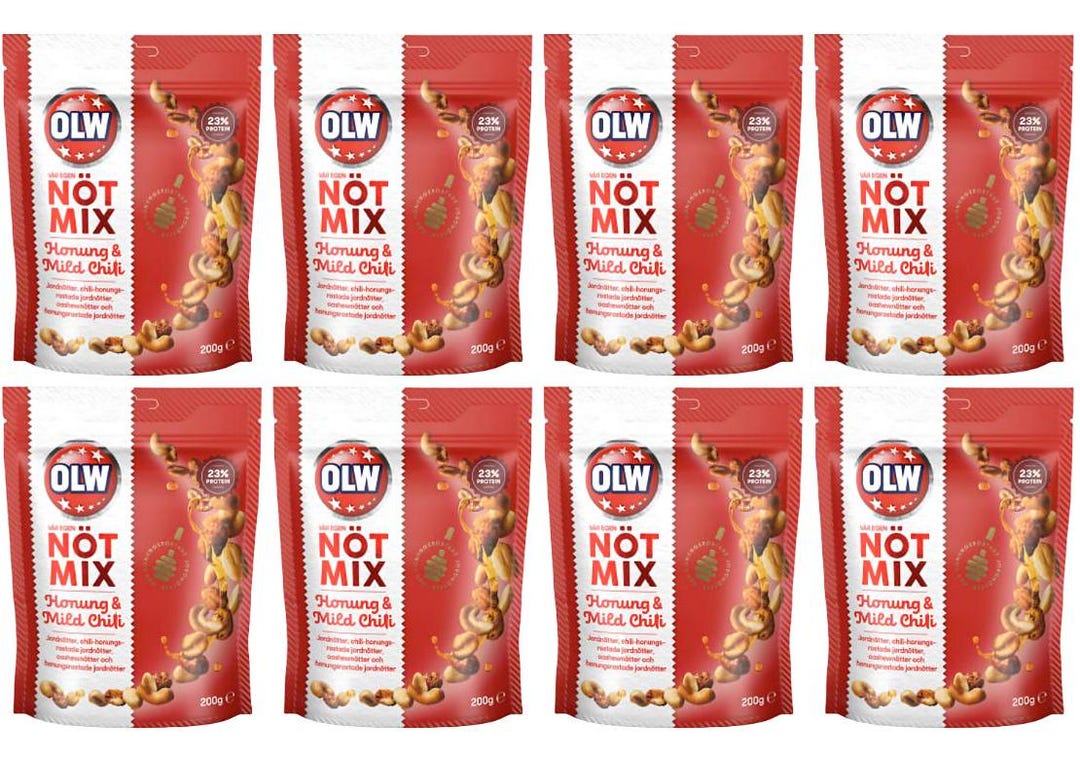 8 X OLW Honey & Mild Chili Nut Mix 200g 1600g Total Sweet Spicy Crunch ...