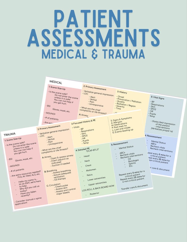 EMS Patient Assessment Evaluations Chart (medical and Trauma) - Etsy