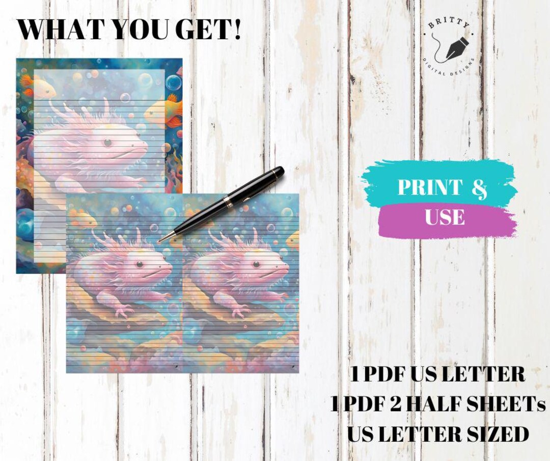 Axolotl Stationery Paper, Lined Stationery Paper, Printable Paper ...