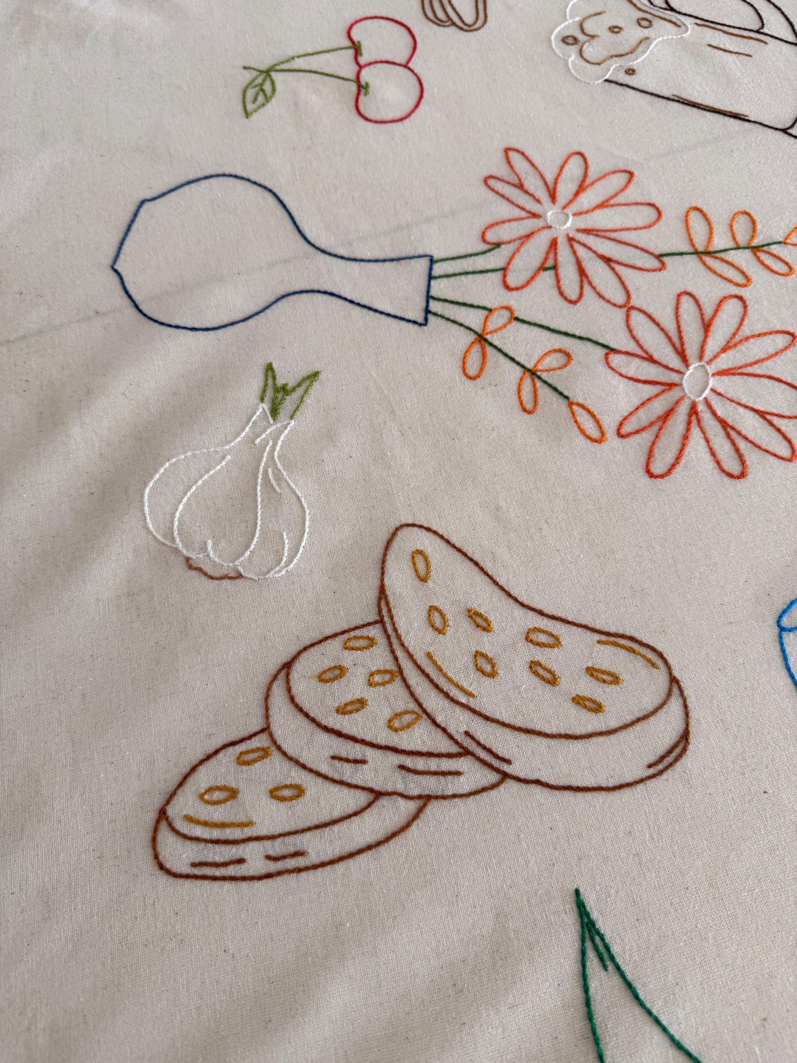 Hand-embroidered Linen Tablecloth: 64 Inch Round, Playful Motifs ...