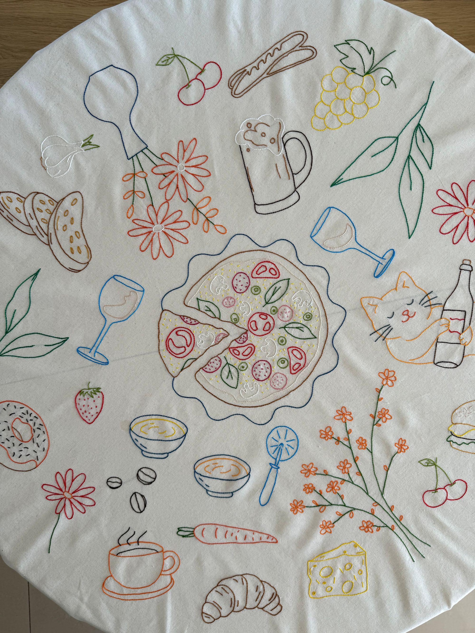 Hand-embroidered Linen Tablecloth: 64 Inch Round, Playful Motifs ...