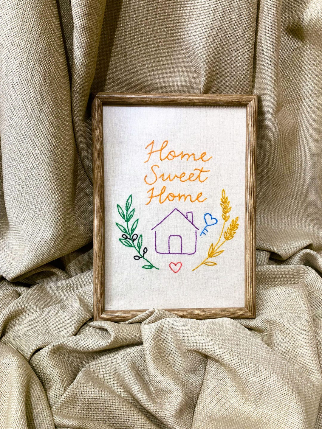 Home Sweet Home Design - Hand-embroidered Linen Wall Art - Rustic ...
