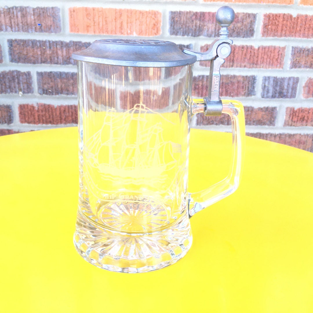 Glass Tankard With Hinged Pewter Lid, Inscribed With Sailing Ship Grand ...