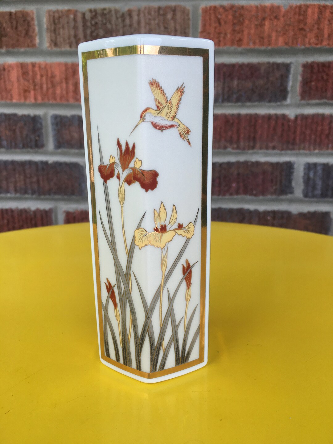 Vase, Hexagon Porcelain Vase Featuring Iris and Hummingbird Made in ...