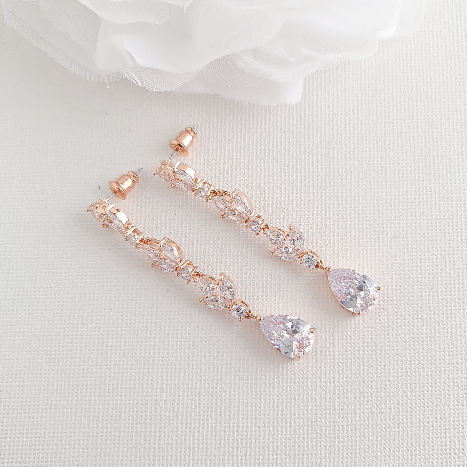 Long Rose Gold Bridal Earrings Drop Wedding Earrings for | Etsy