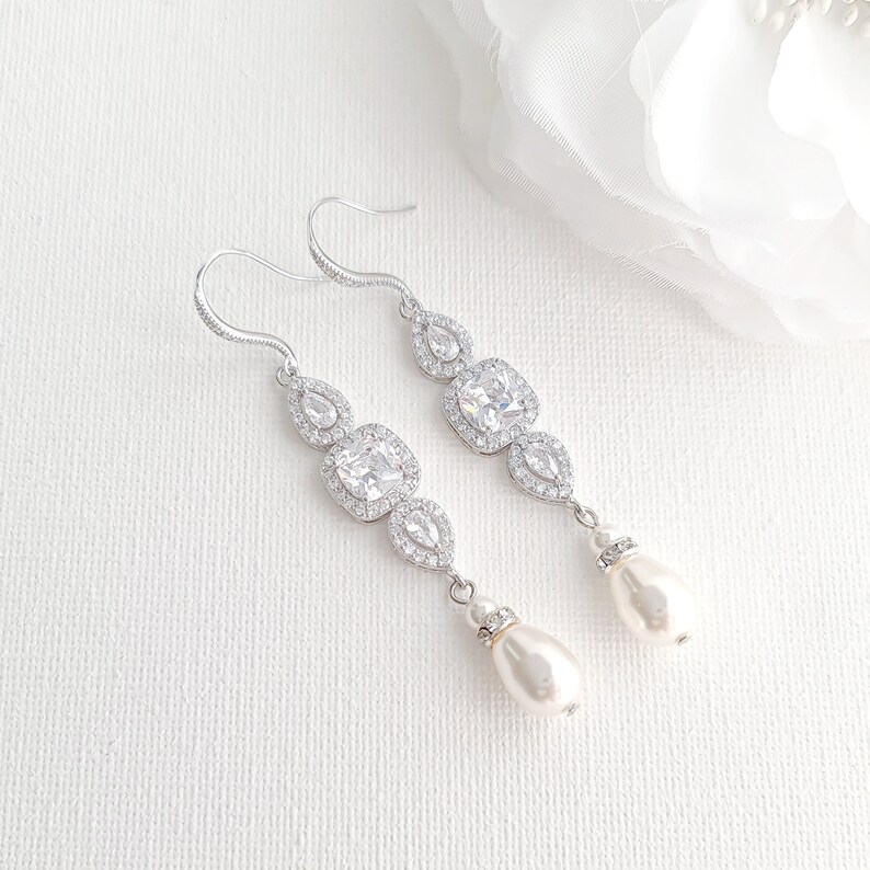 Dangle Pearl Drop Bridal Earrings in Silver Long Pearl and - Etsy