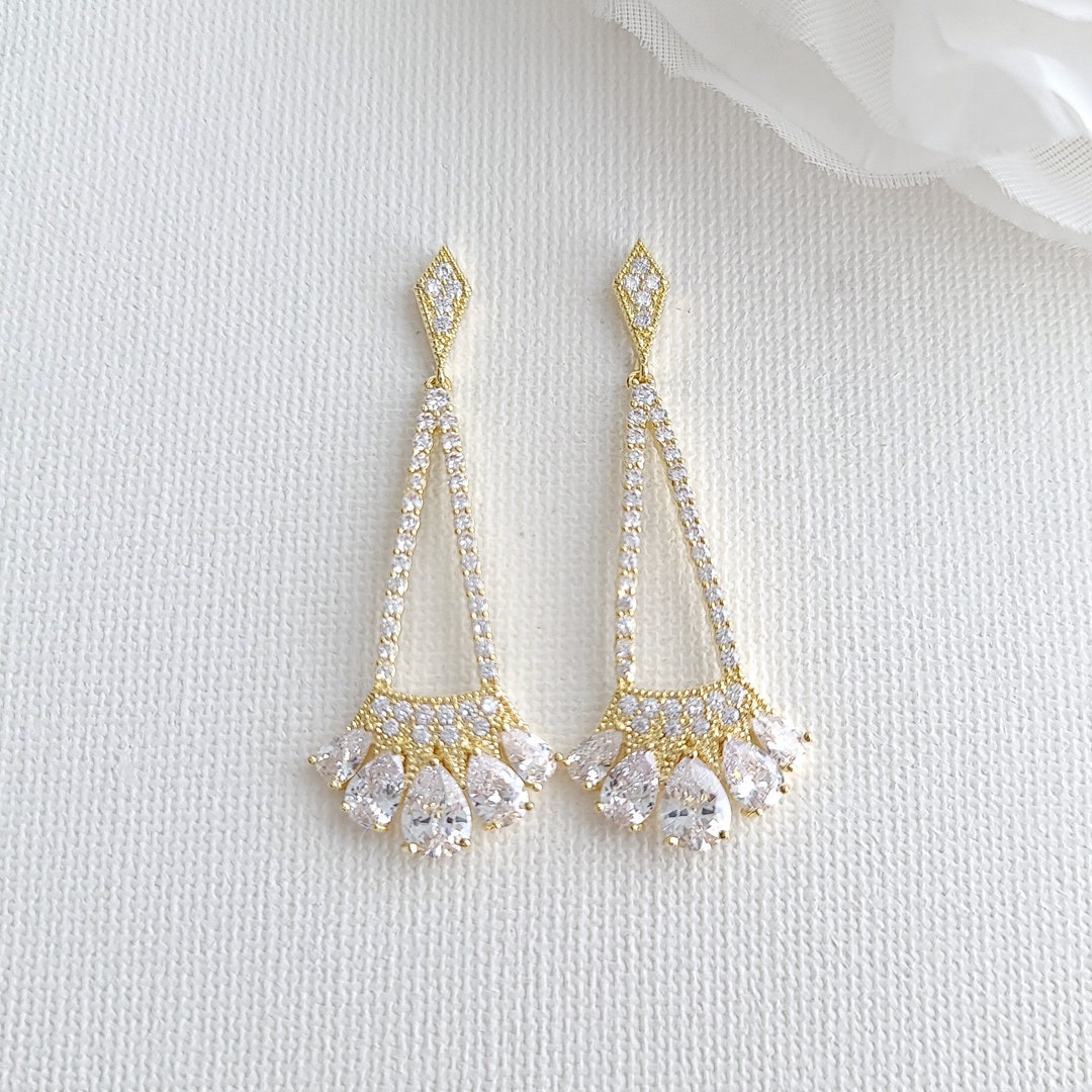 Bridal Gold Earrings, Wedding Earrings for Bride, Crystal Drop Earrings ...