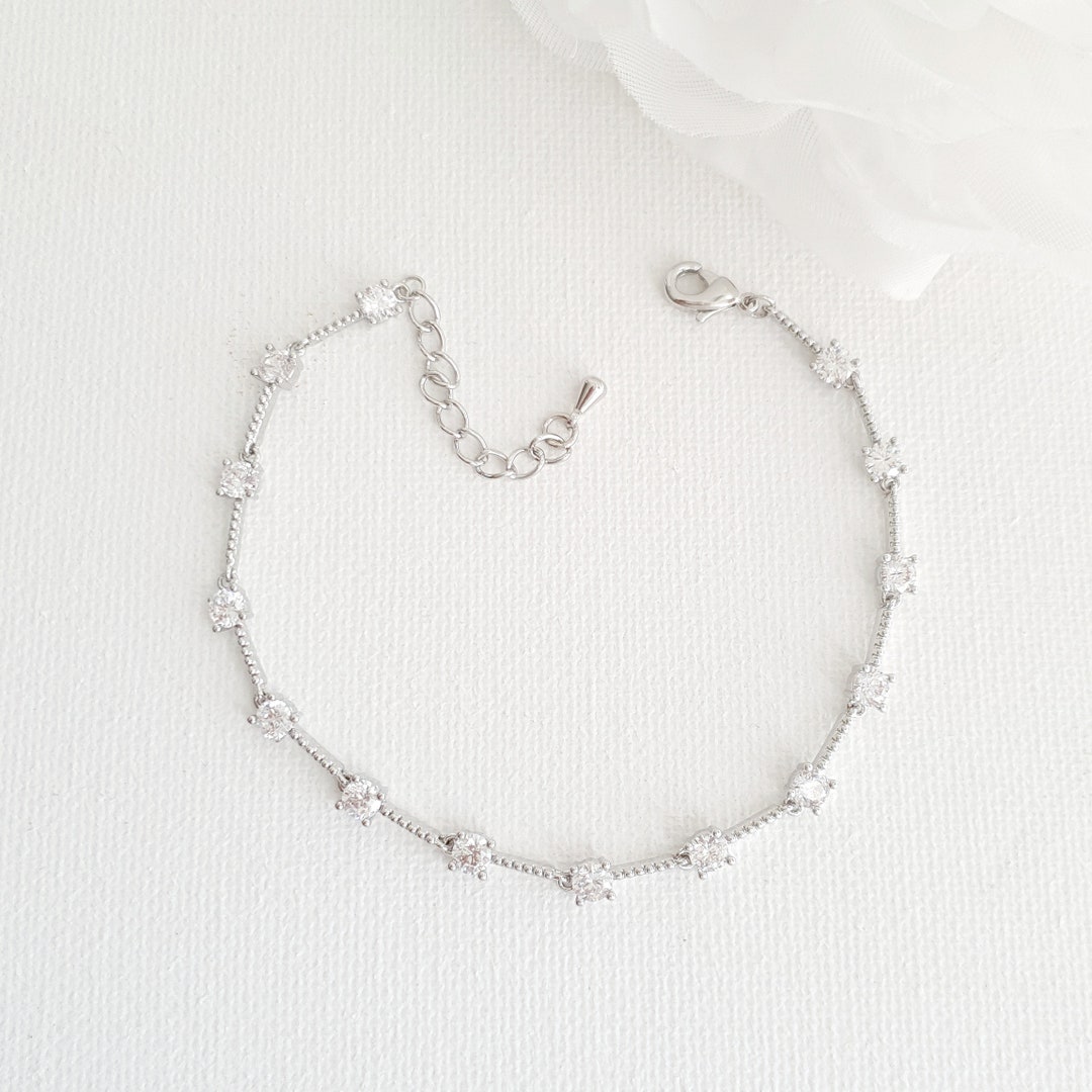 Dainty Wedding Bracelet, Silver Cubic Zirconia Bridal Bracelet, Simple ...