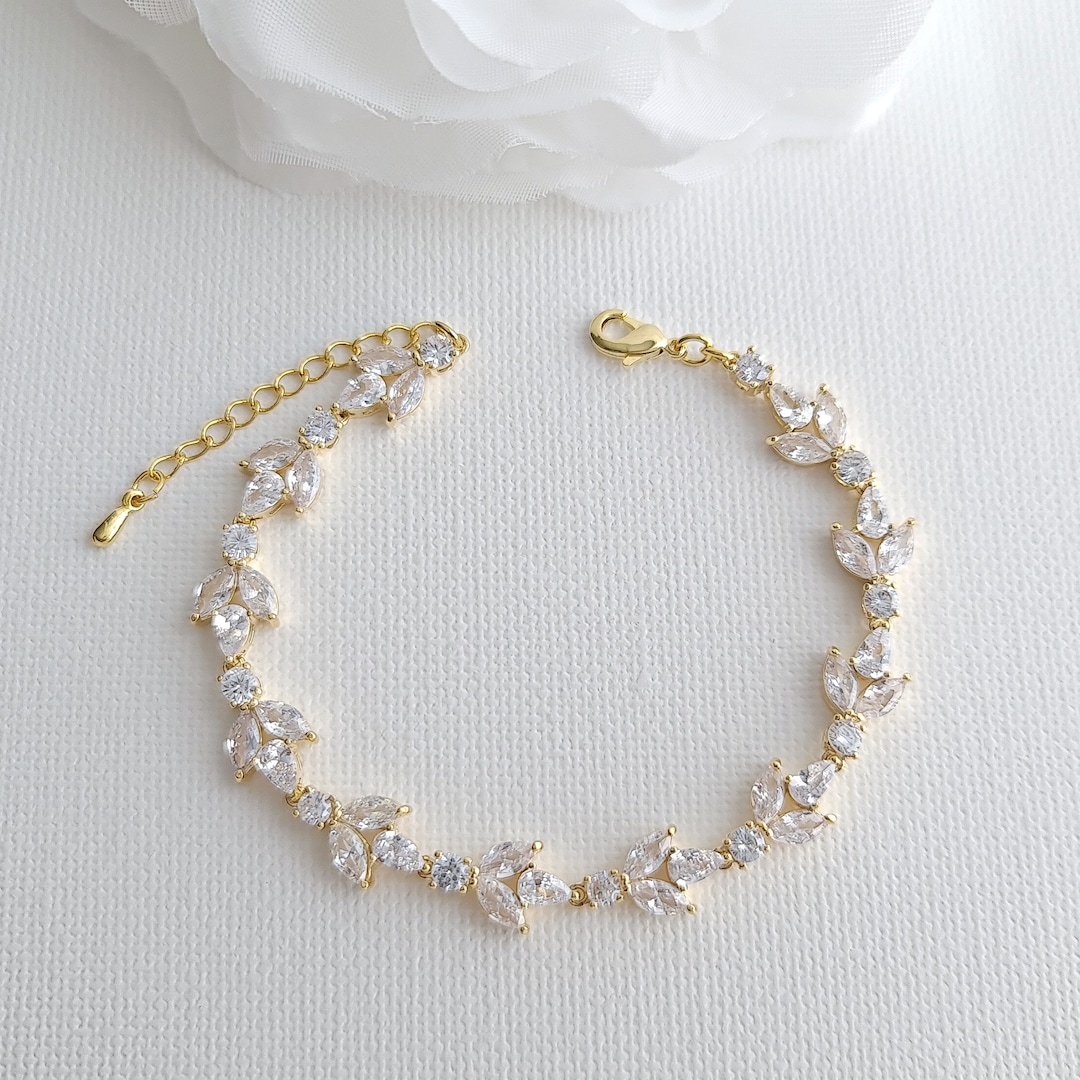 Bridal Bracelet Gold, Wedding Jewelry for Bride, Cubic Zirconia ...
