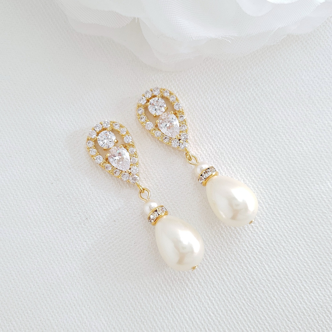 Crystal and Pearl Gold Wedding Earrings for Brides, Teardrop Pearl ...