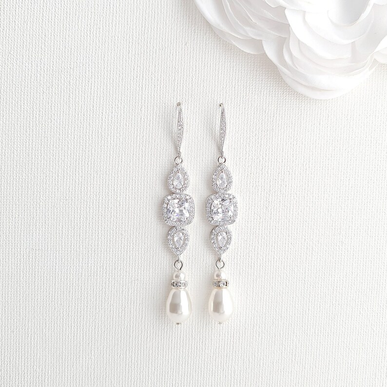 Dangle Pearl Drop Bridal Earrings in Silver Long Pearl and - Etsy