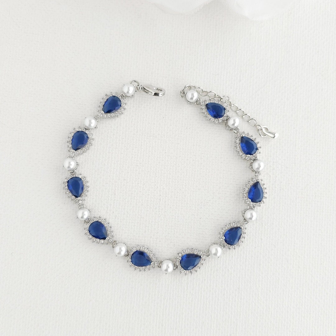 Dainty Silver Blue Bracelet for Bride, Sapphire Blue CZ and Pearl ...