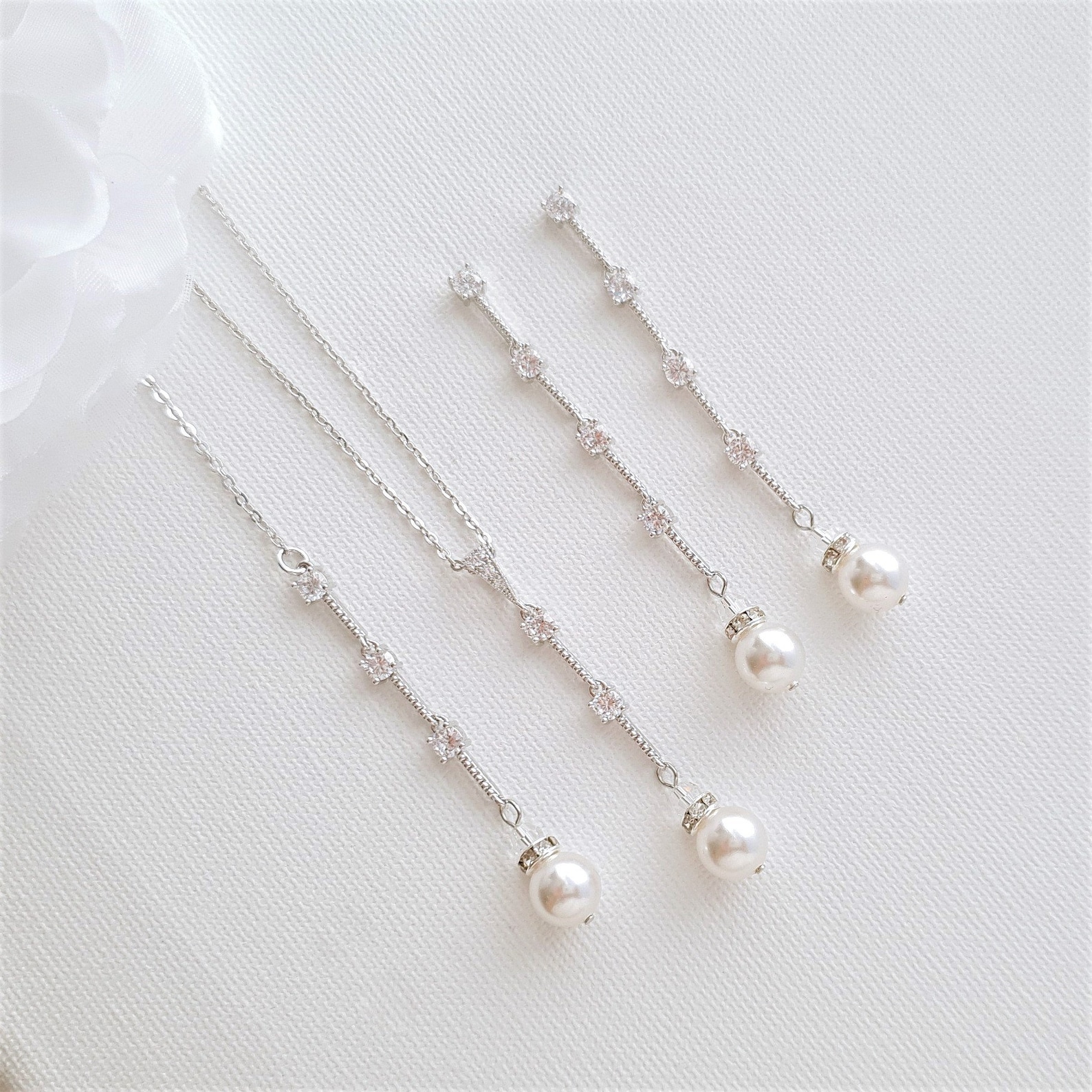 Bridal Jewelry Set Silver, Drop Back Necklace and Earring Set, Simple ...