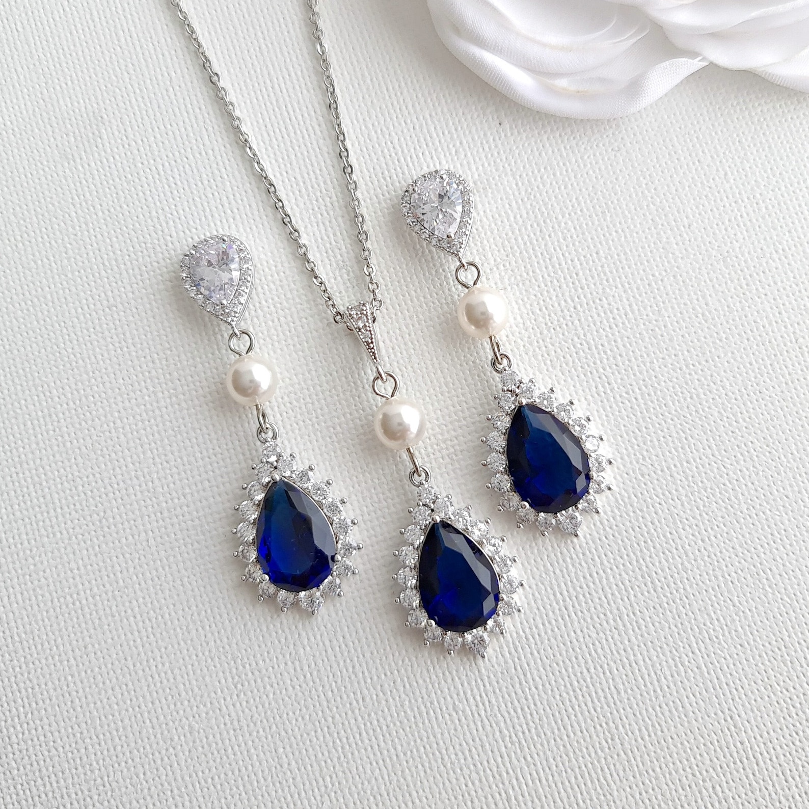 Blue and Pearl Gold Wedding Earrings, Sapphire Blue Cubic Zirconia ...