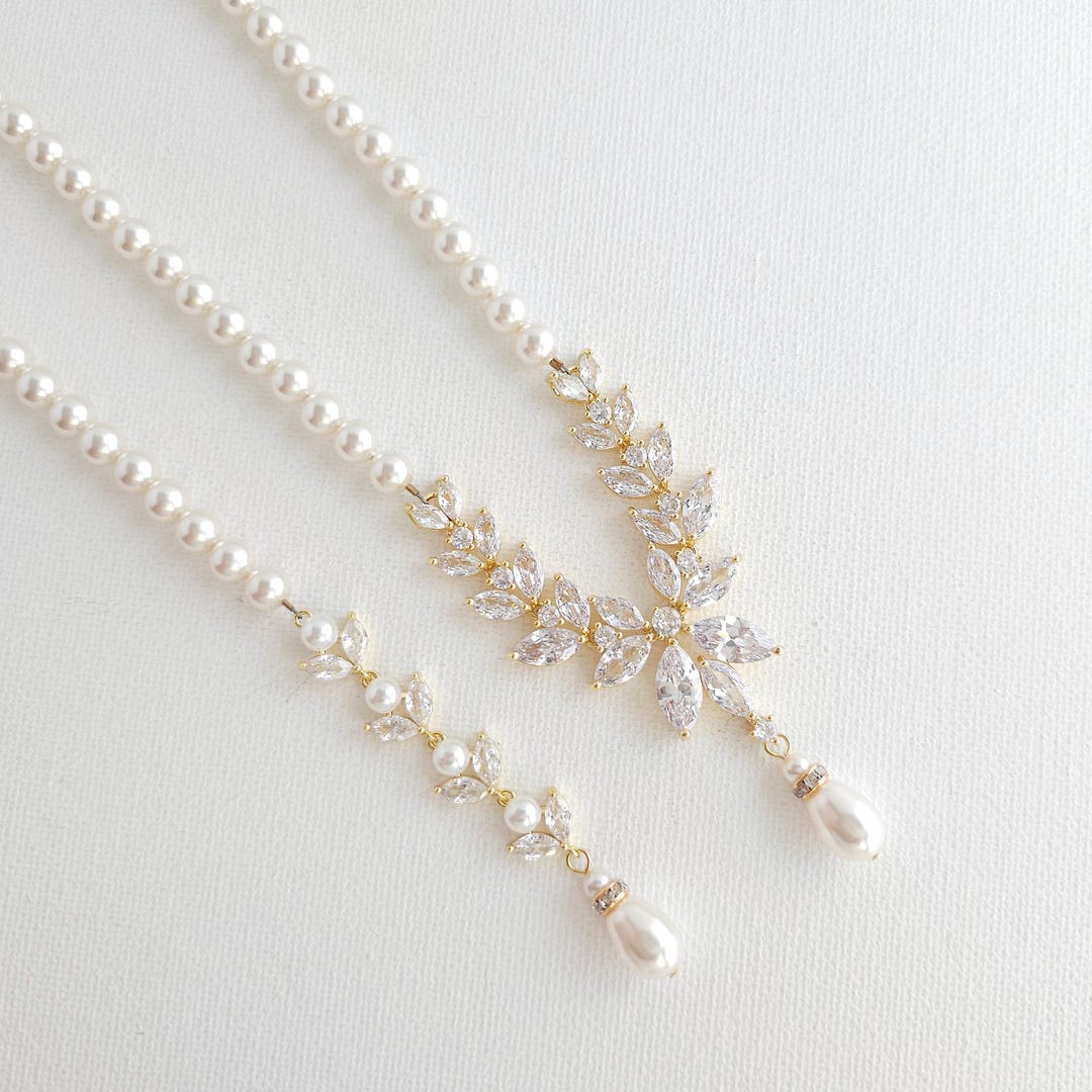Pearl and Gold Back Necklace for Bride, Crystal and Pearl Detachable ...