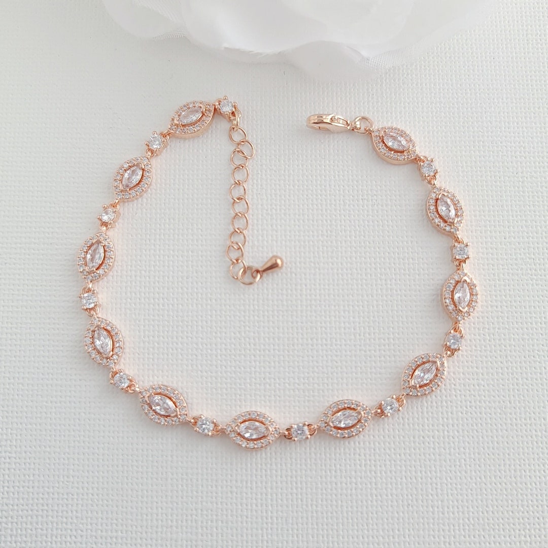 Dainty Rose Gold Bridal Bracelet, Wedding Bracelet for Bride, Crystal ...