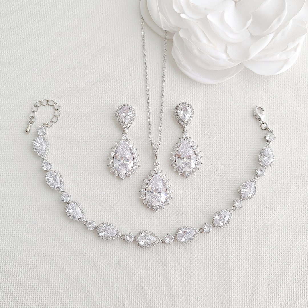 Silver Bridal Jewelry Set for Brides, Wedding Teardrop Earrings ...