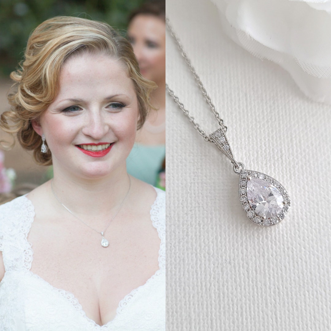 Crystal Bridal Necklace Teardrop Pendant Necklace Cz Wedding Necklace