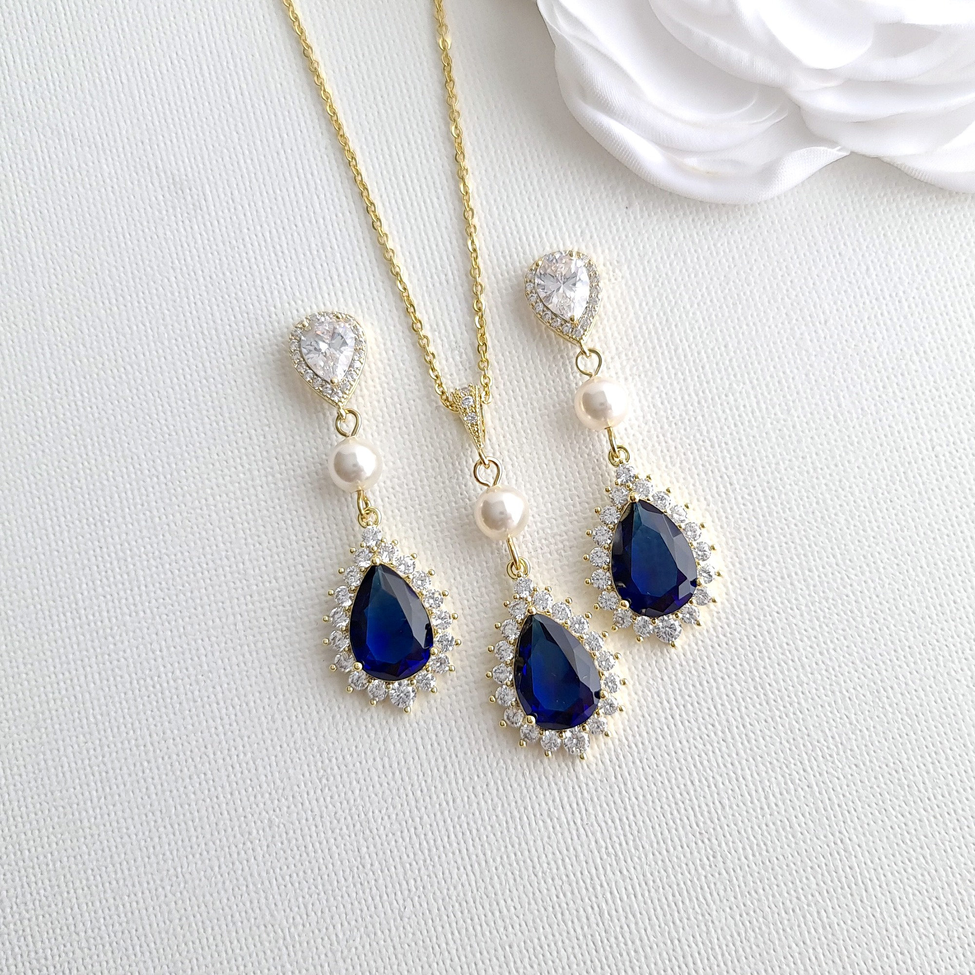 Blue and Pearl Gold Wedding Earrings, Sapphire Blue Cubic Zirconia ...