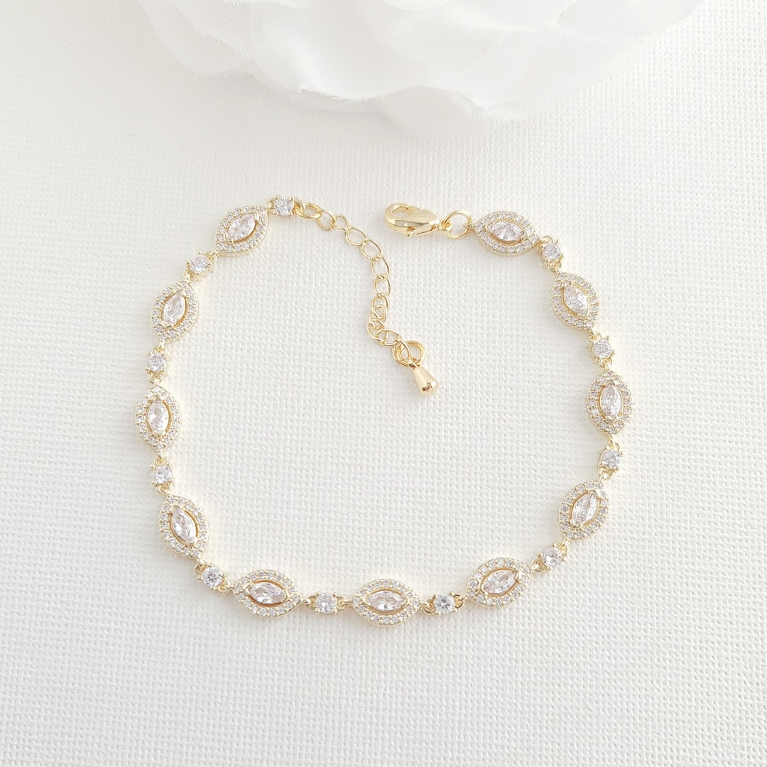 Dainty Gold Wedding Bracelet for Bride, Marquise Cubic Zirconia Bridal ...