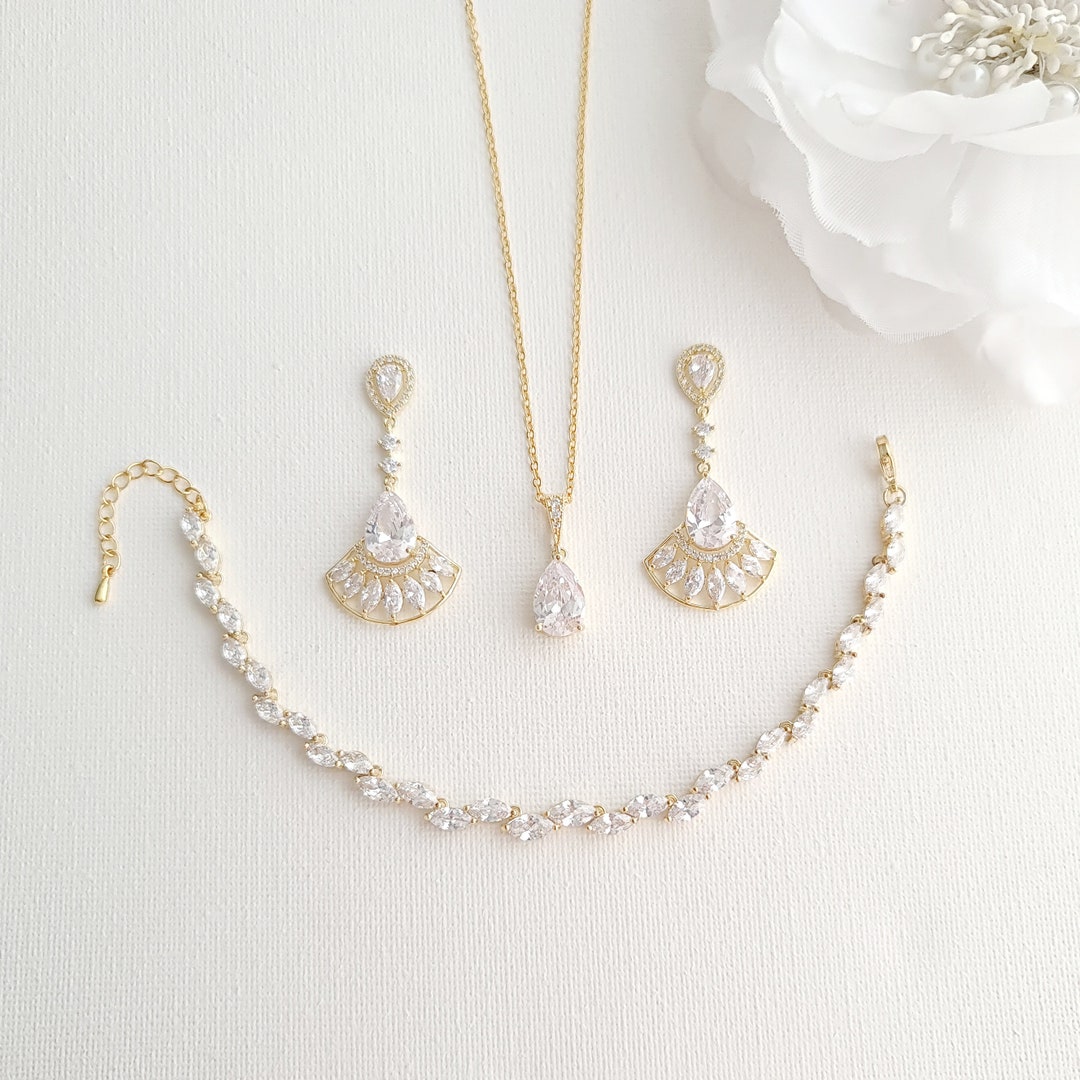 Gold Wedding Necklace Set for Brides, Bridal Earrings Necklace and ...