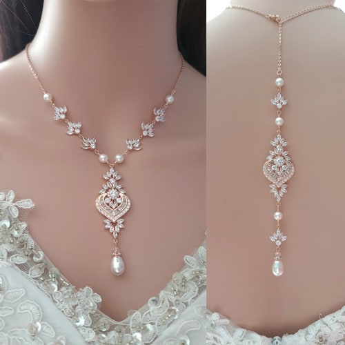 Backdrop Bridal Necklace Rose Gold Wedding Necklace Etsy