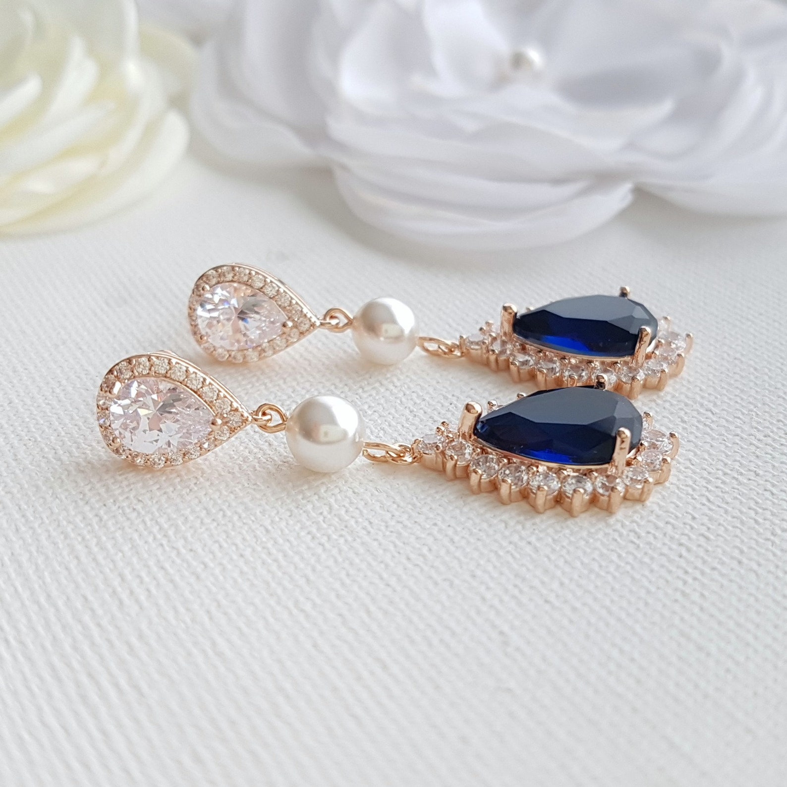 Blue and Pearl Gold Wedding Earrings, Sapphire Blue Cubic Zirconia ...