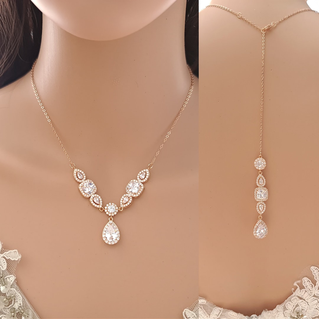Drop Back Necklace Rose Gold, Bridal Backdrop Necklace, Crystal ...