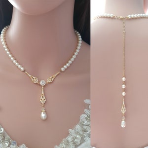 Backdrop Necklace Wedding Jewelry, Crystal Pearl Back Drop Bridal ...